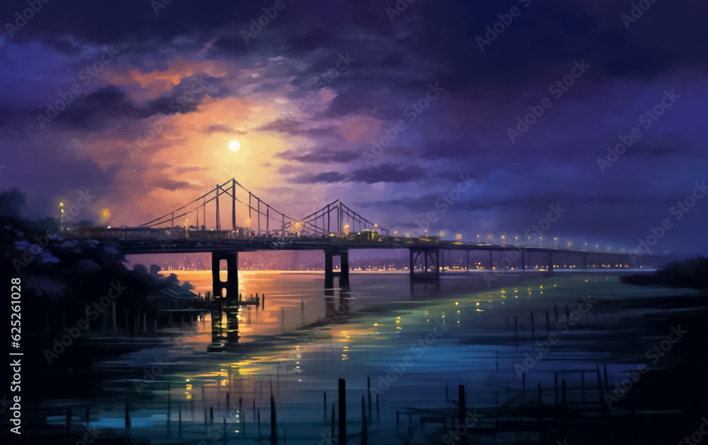 illustrated of Highway bridge across a river. Sunset at the bridge ...