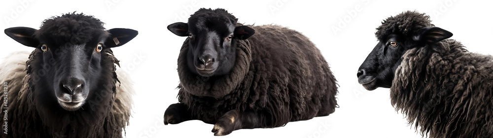 Set of black sheep in different angles. A black, fluffy sheep lies, a ...