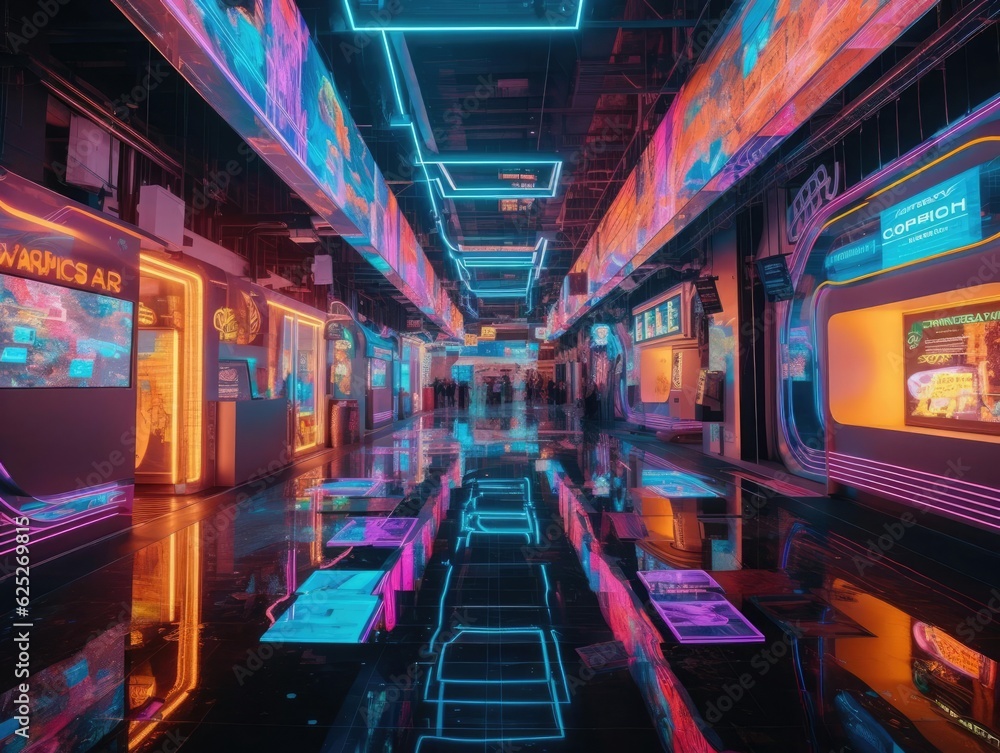 The image depicts a bustling futuristic mall, illuminated by vibrant ...