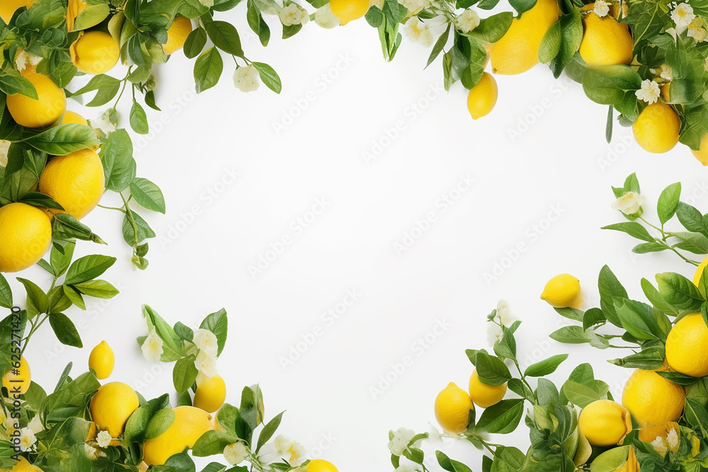 Empty center white background with thick lemon tree foliage coming out ...