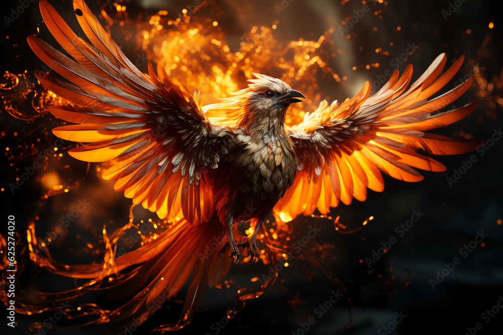 Flaming phoenix firebird with flames and sparks, mythical bird on a ...