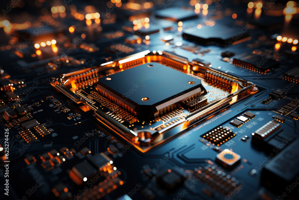 Futuristic future motherboard design with CPU socket, microchips, microprocessors, integrated ...