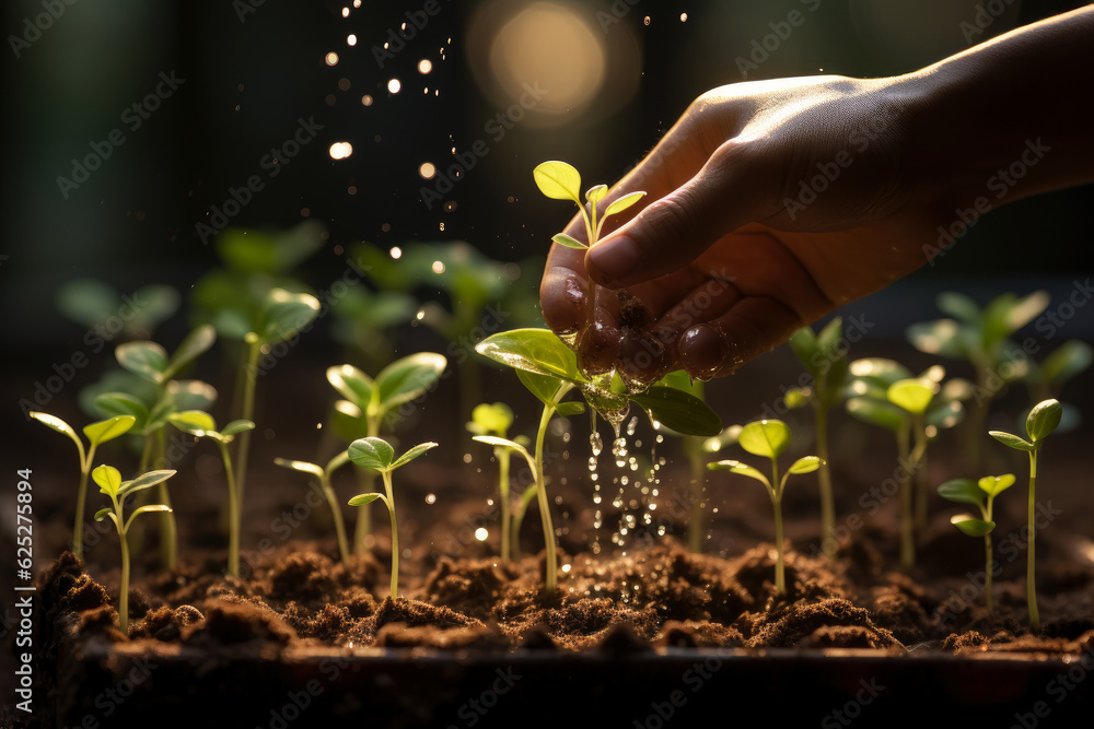 Human hands planting a small seedling in the ground closeup, a green ...