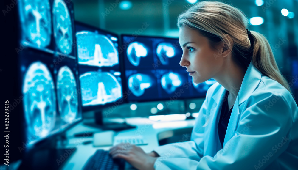 Specialized neurology doctor studying brain tests on a monitor in a ...