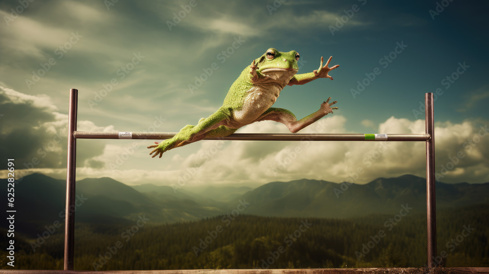 Frog in a high jump outfit, mid-jump over a high jump bar. Generative ...