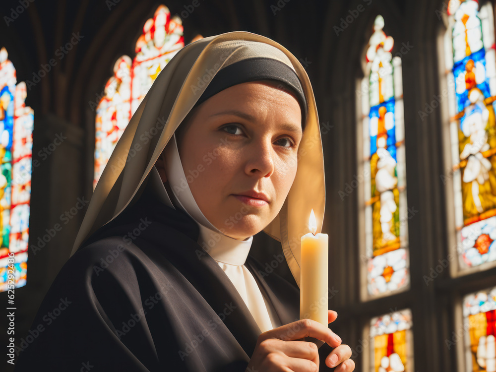 Digital portrait of a senior humble nun woman in front of a stained ...