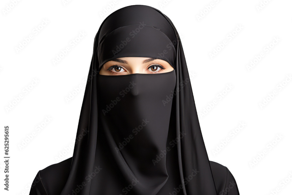Portrait of a veiled islamic woman wearing black niqab isolated on ...