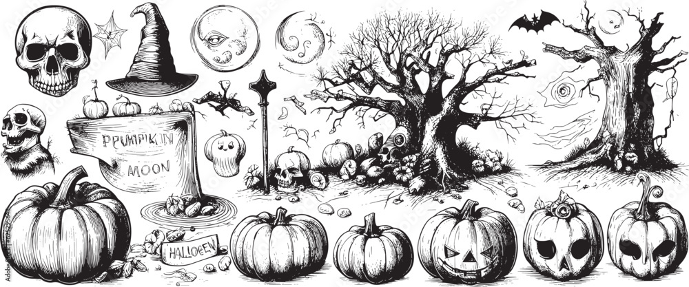 Sketch of Halloween elements on a white background. Hand drawn vector ...