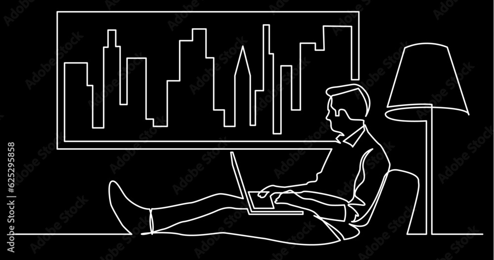 one line drawing of remote working person working from home with laptop ...