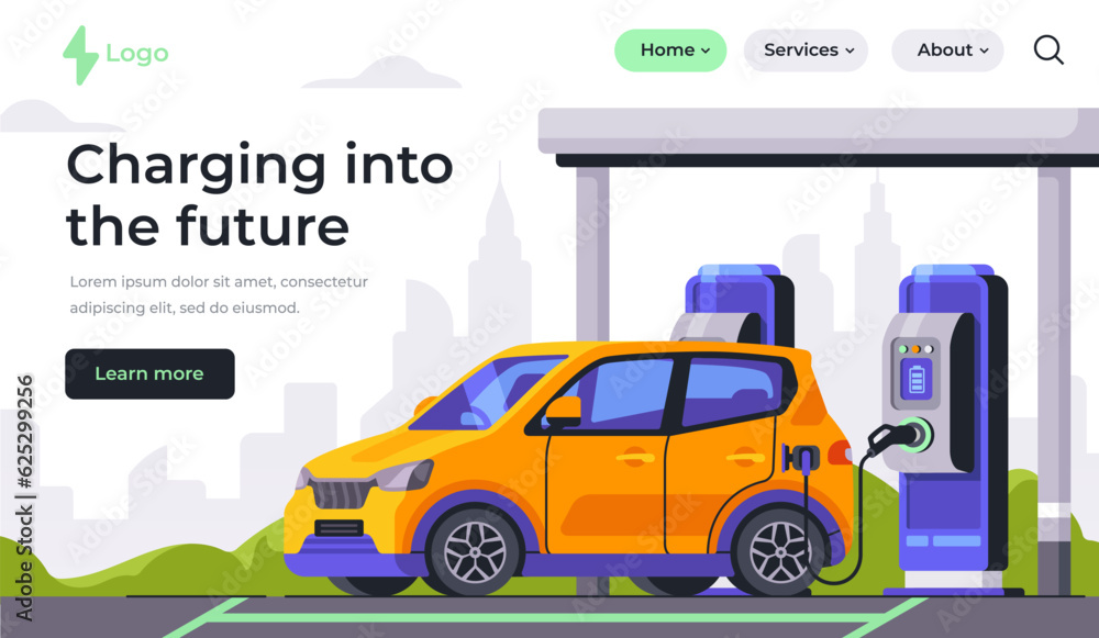 Landing page with car charging. Website with ECO electric automobile ...