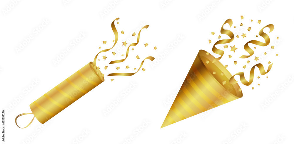 2 gold party popper with confetti Stock Vector | Adobe Stock