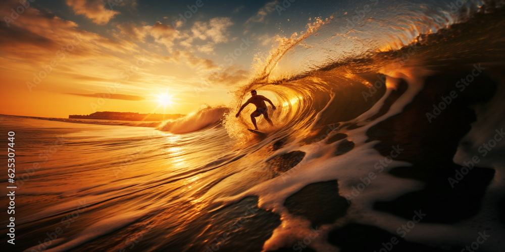surf on sunset sea ,surfer silhouette on sunset sea water wave splash ...
