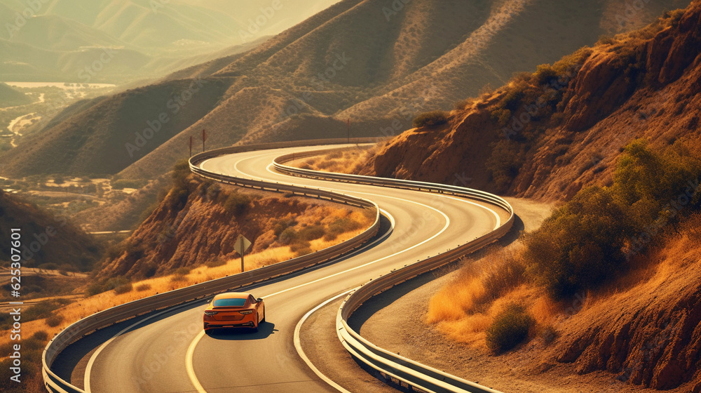 A sports car drives down a long winding road Stock Illustration | Adobe ...