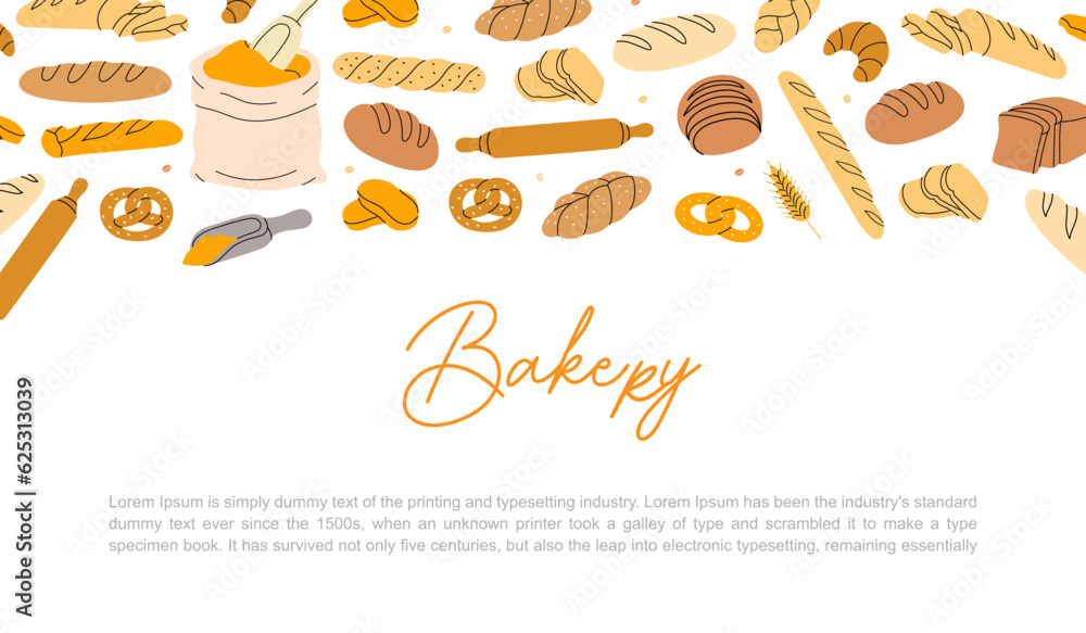 Breads shop banner. Bakery horizontal background. Wheat bread, pretzel ...