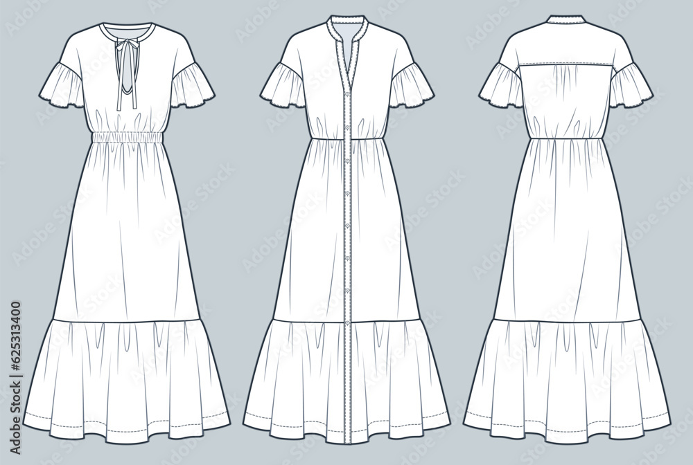 Vecteur Stock Set of Tiered Dress technical fashion illustration ...