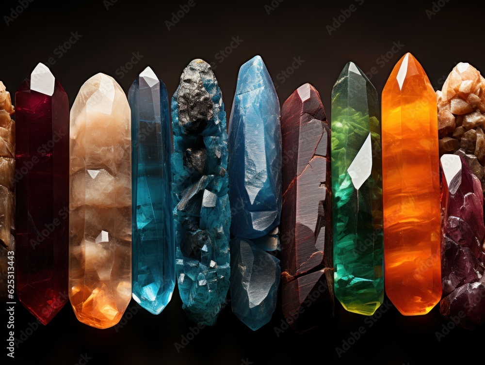 A beautiful background of natural crystals of different colors laid out ...
