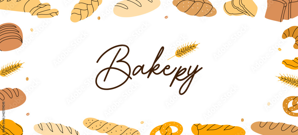 Bakery sketches in horizontal banner. Breads line background. Bakery ...