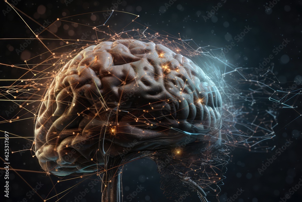 brain in the dark, with blue light, flying neurons and active brain ...