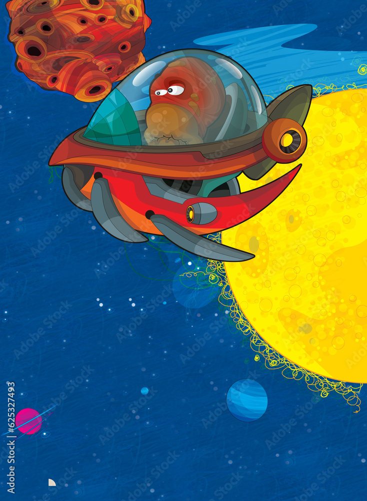 Cartoon funny colorful scene of cosmos galactic alien ufo space craft ...