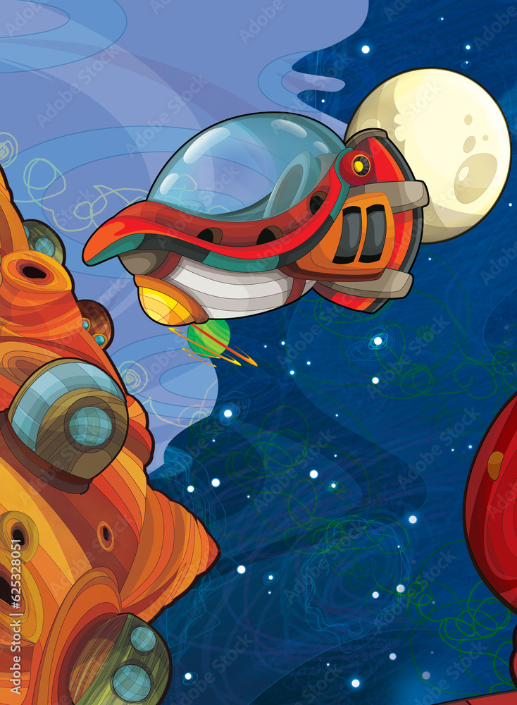 Cartoon funny colorful scene of cosmos galactic alien ufo space craft ...