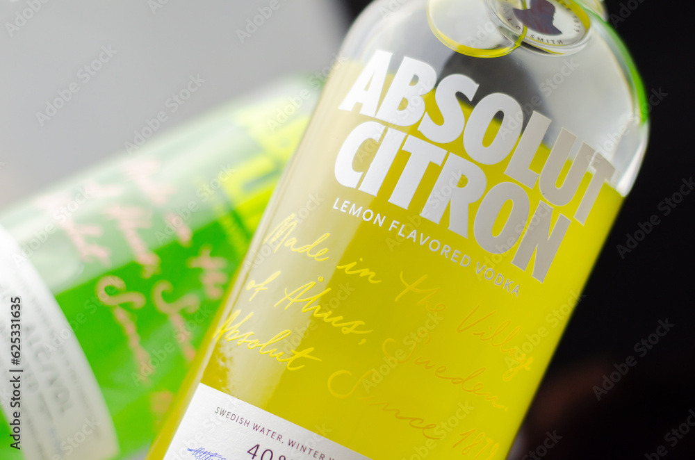 LONDON, UK - 11 JULY 2023 Absolut Vodka Lime and Absolut Vodka Citron ...