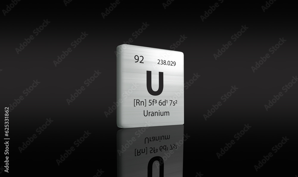 Uranium element on a metal periodic table on dark background. 3D ...