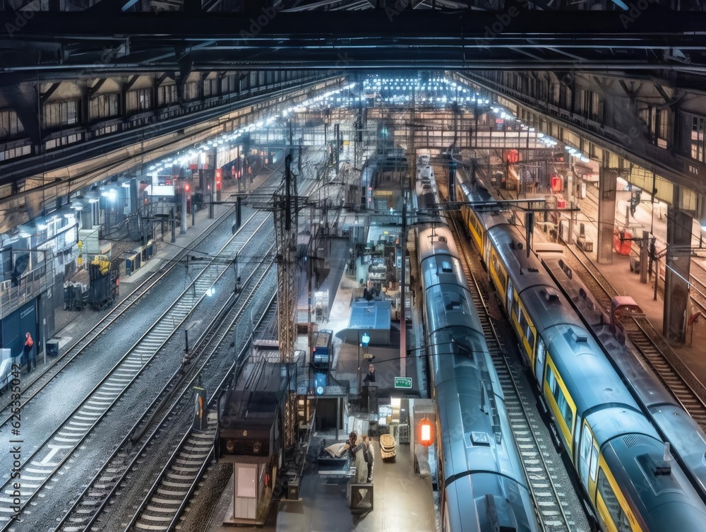 ภาพประกอบสต็อก The bustling train station is adorned with sleek, AI ...