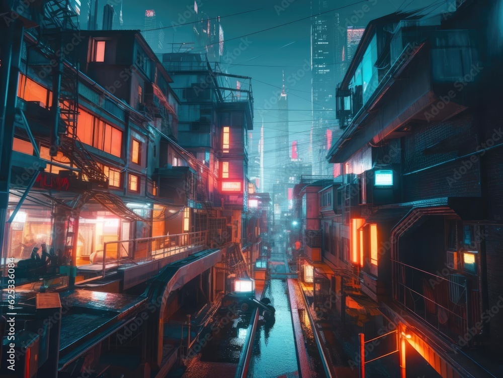 The image depicts a sprawling cyberpunk metropolis that is gritty and ...