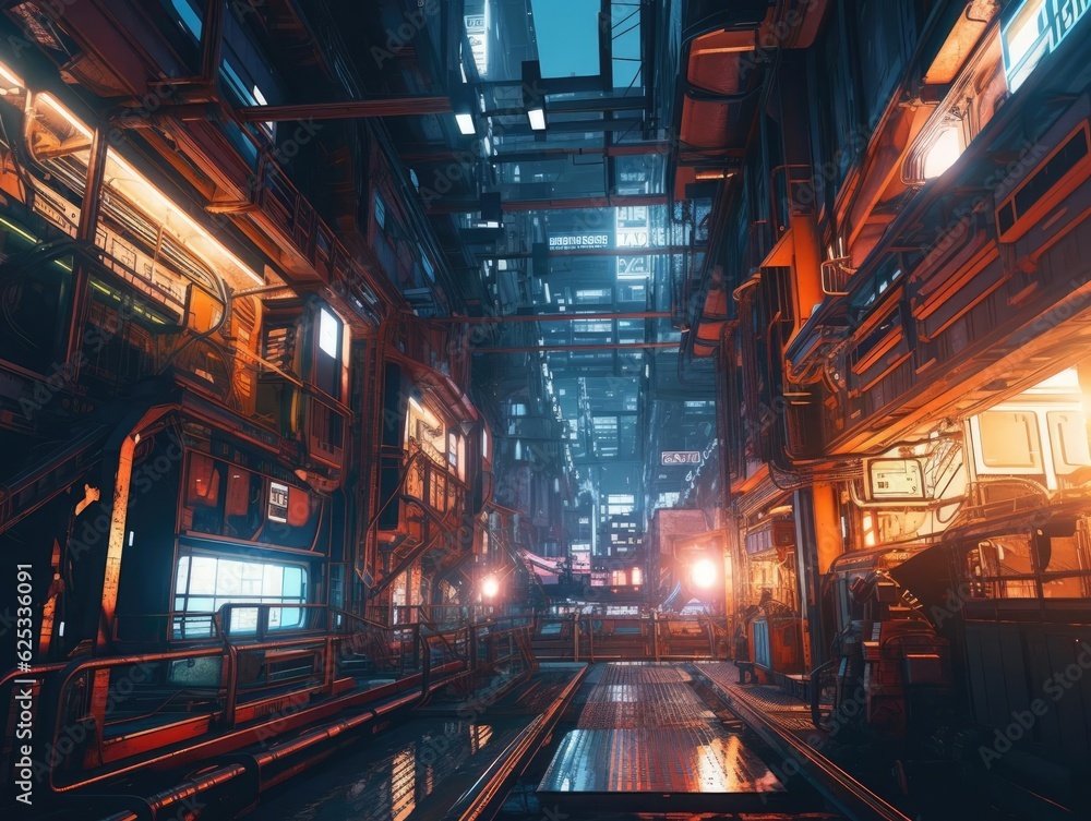 The image depicts a sprawling cyberpunk metropolis that is gritty and ...