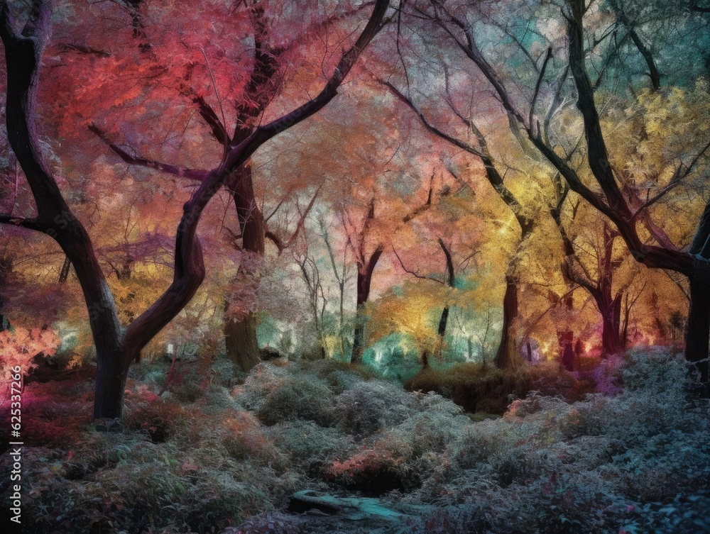 The vibrant forest landscape is adorned with trees emitting a ...