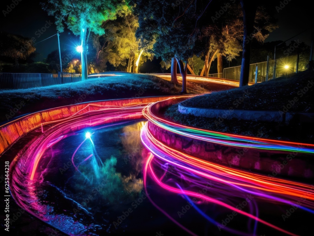 In the vibrant glow of neon lights, a modern skate park comes to life ...