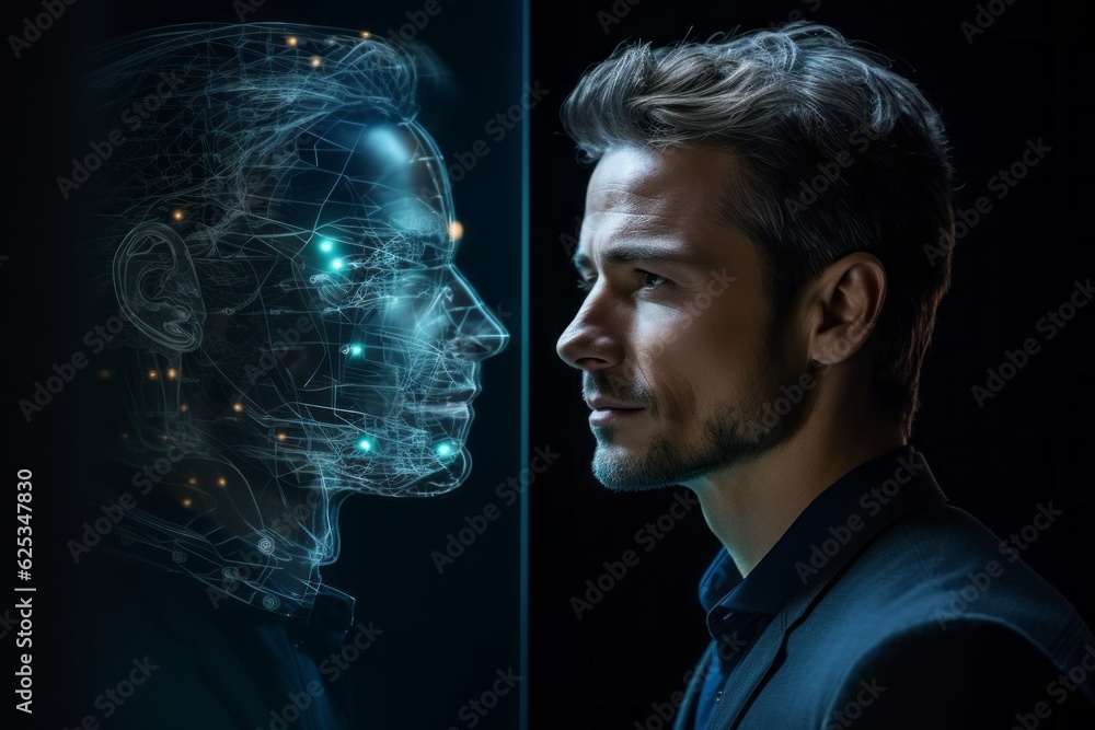 Man and his virtual personality. Background with selective focus and ...