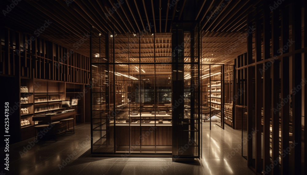 Modern library with futuristic design, illuminated bookshelves and ...