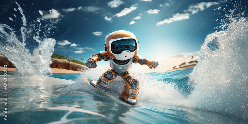 Robot on a futuristic surfboard. Vacation concept. Generative AI Stock ...