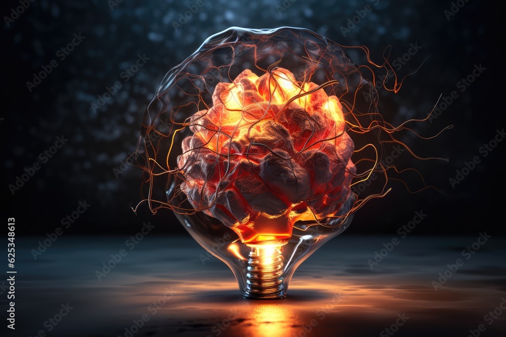 human brain light bulb with fire, long-term memory, storage of ...