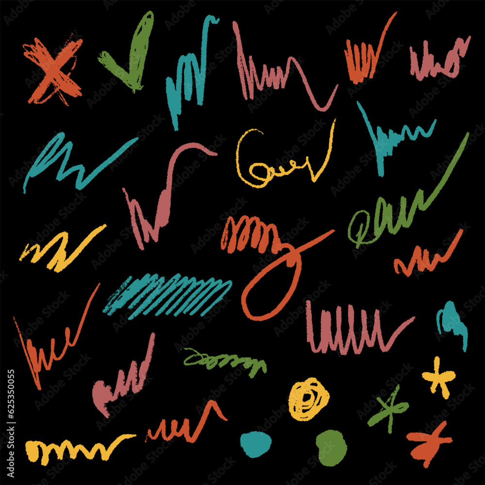 Scribbles set. Hand drawn colorful pencil curly lines. Marker drawing ...