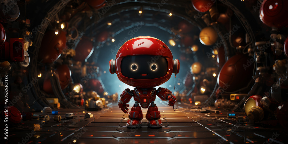 Friendly positive little red robot with smiling face on the screen in ...