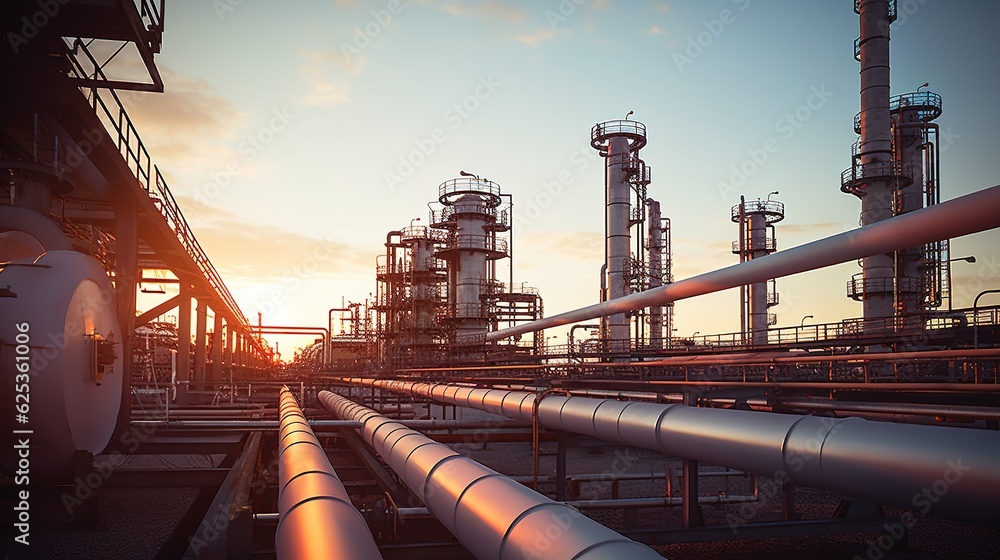 Gas Pipeline and pipe rack of petroleum industrial plant with sunset ...