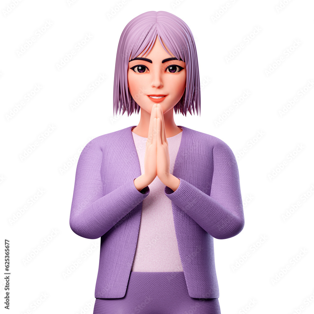 Cute Female Character with purple dressed Showing namaste pose, folded ...