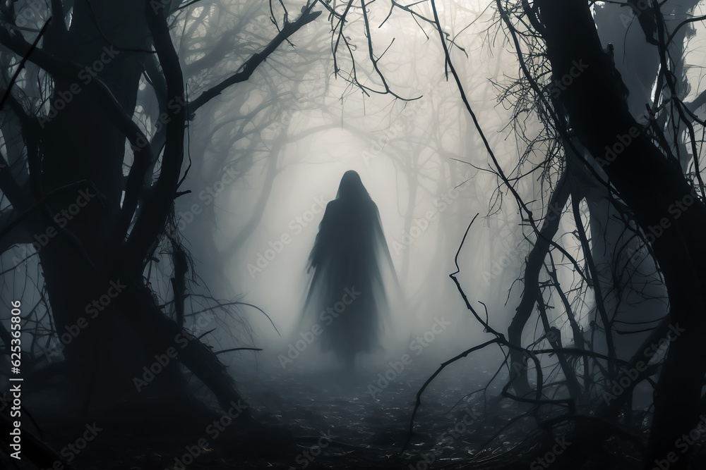 Ghost silhouette in the dark scary woods, Halloween illustration, ai ...