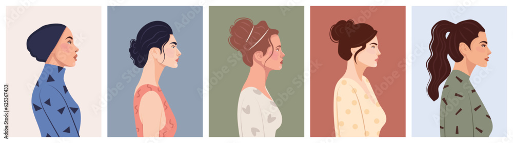 Set of diverse female face portraits of different ethnicity, hairstyles ...