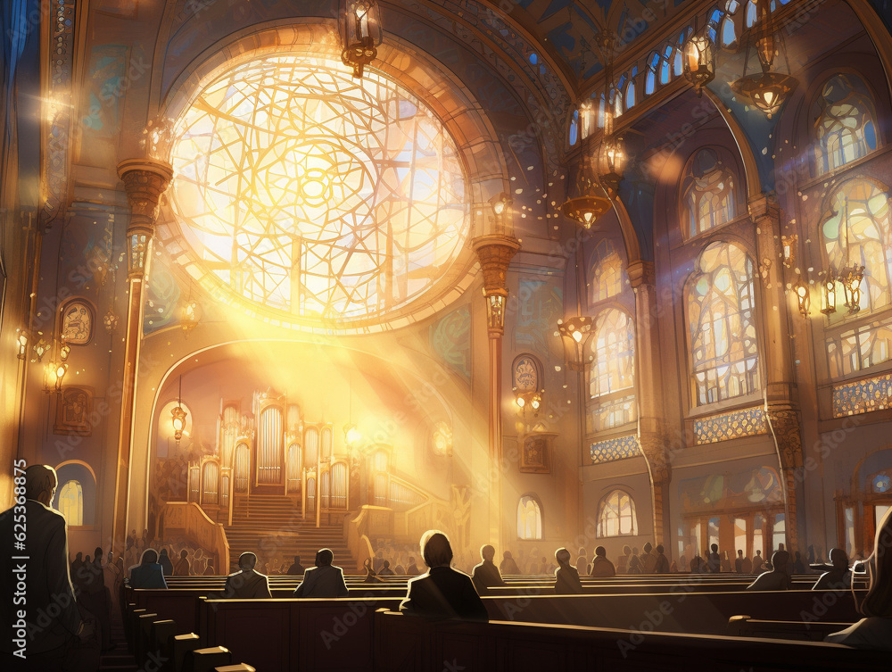 A Illustration of a Synagogue Filled with People on Rosh Hashanah, with ...