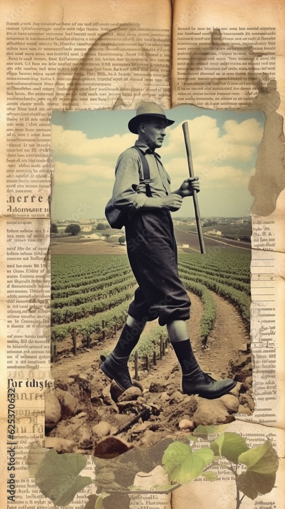 Vertical collage with photomontage of a farmer walking in the clipped ...