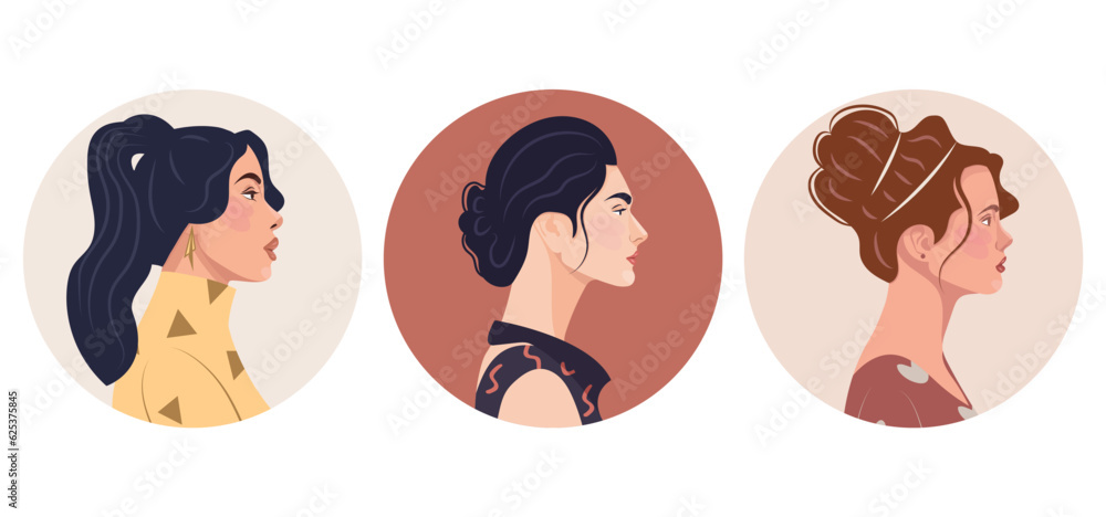 Set of diverse female face portraits of different ethnicity, hairstyles ...