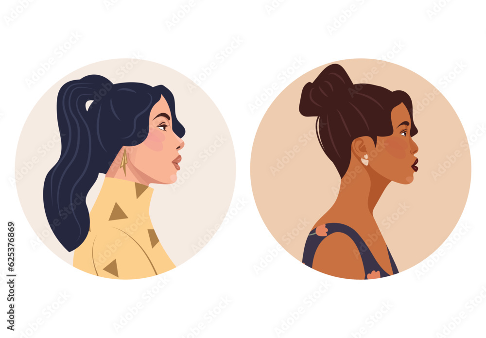 Set of diverse female face portraits of different ethnicity, hairstyles ...