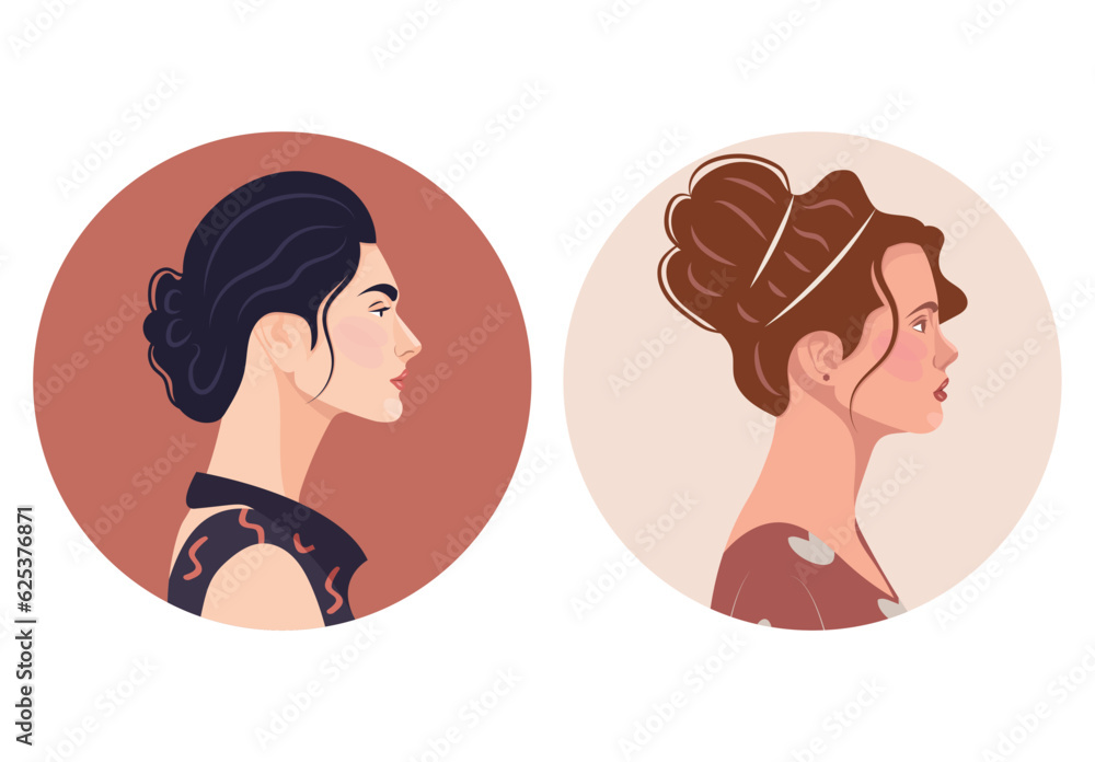 Set of diverse female face portraits of different ethnicity, hairstyles ...