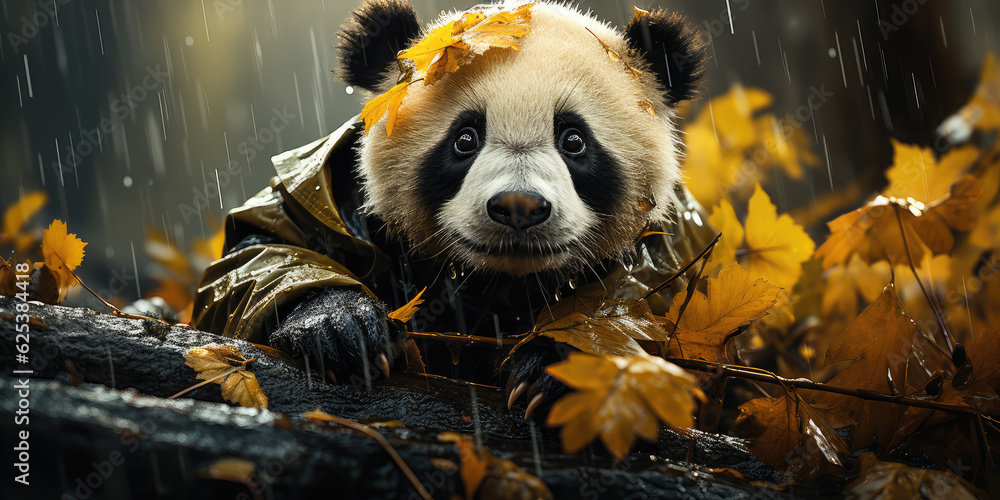 cute panda lost in forest during rain, wildlife animals, background ...