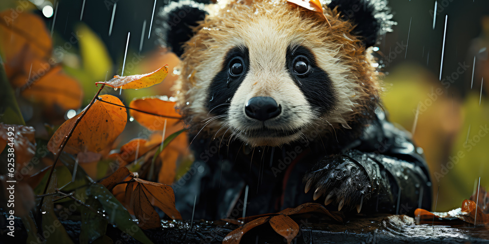 cute panda lost in forest during rain, wildlife animals, background ...