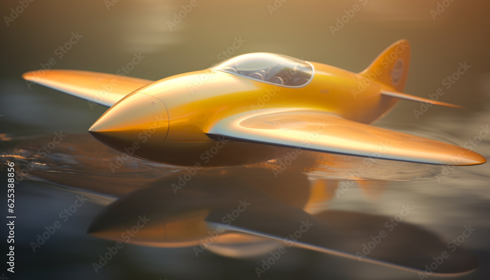 Flying metal propeller airplane reflects sunset, military fighter plane ...