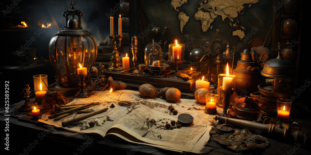 pirate captains desk with map and different tools, lit by oil lamps ...
